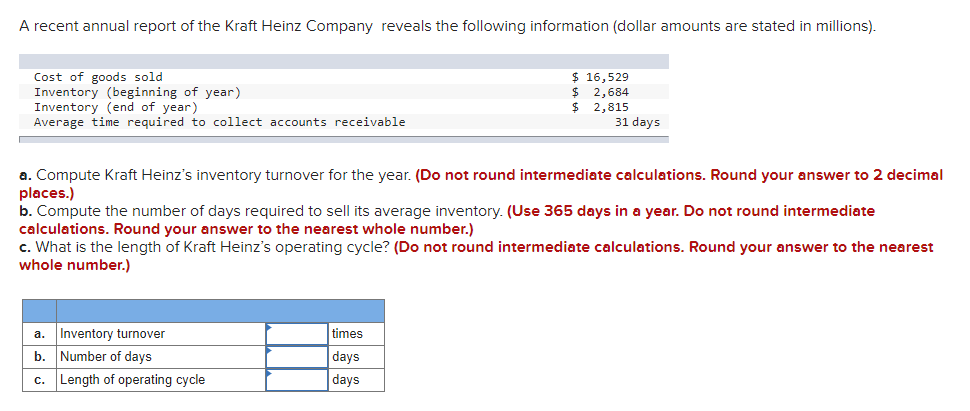 Solved A recent annual report of the Kraft Heinz Company | Chegg.com