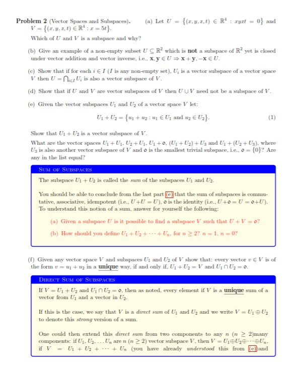 Solved Problem 2 (Veetor Spaces and Subspaces) (a) Let | Chegg.com