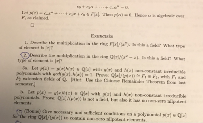Solved Describe the multiplication in the ring F[x]/(x^2). | Chegg.com