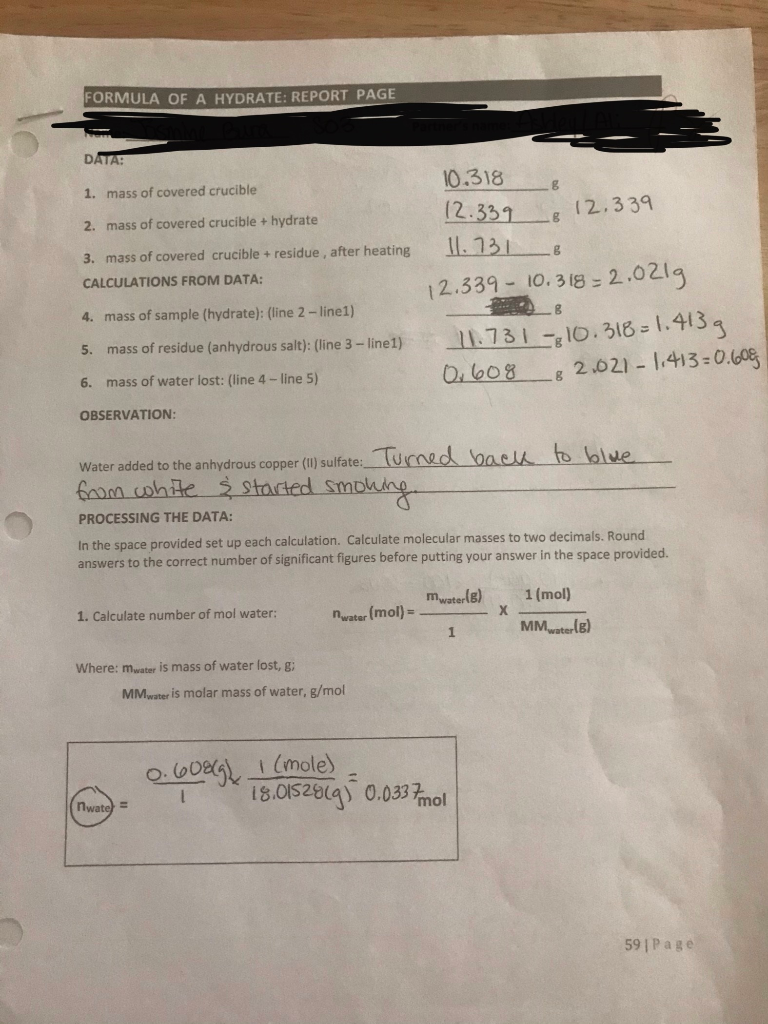 Solved mcusos 1 (mol) 2. Calculate number of mol anhydrous | Chegg.com