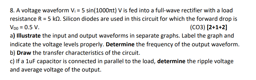 Solved 8. A voltage waveform Vi=5sin(1000πt)V is fed into a | Chegg.com