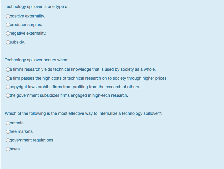 Solved Technology spillover is one type of: Opositive | Chegg.com