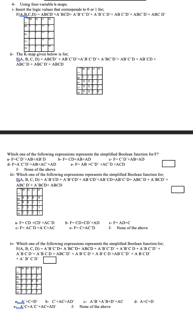 Solved 4 Using Four Variable K Maps I Insert The Logic 2600