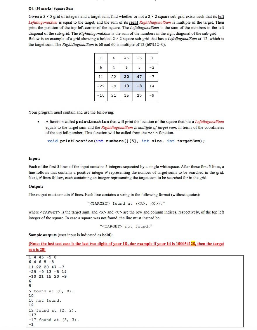 Solved Q4. [30 marks] Square Sum Given a 5 x 5 grid of | Chegg.com
