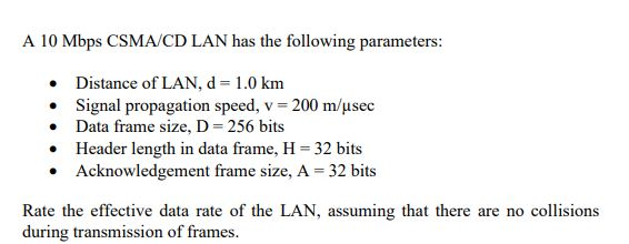 Solved A 10 Mbps CSMA/CD LAN has the following parameters: • | Chegg.com
