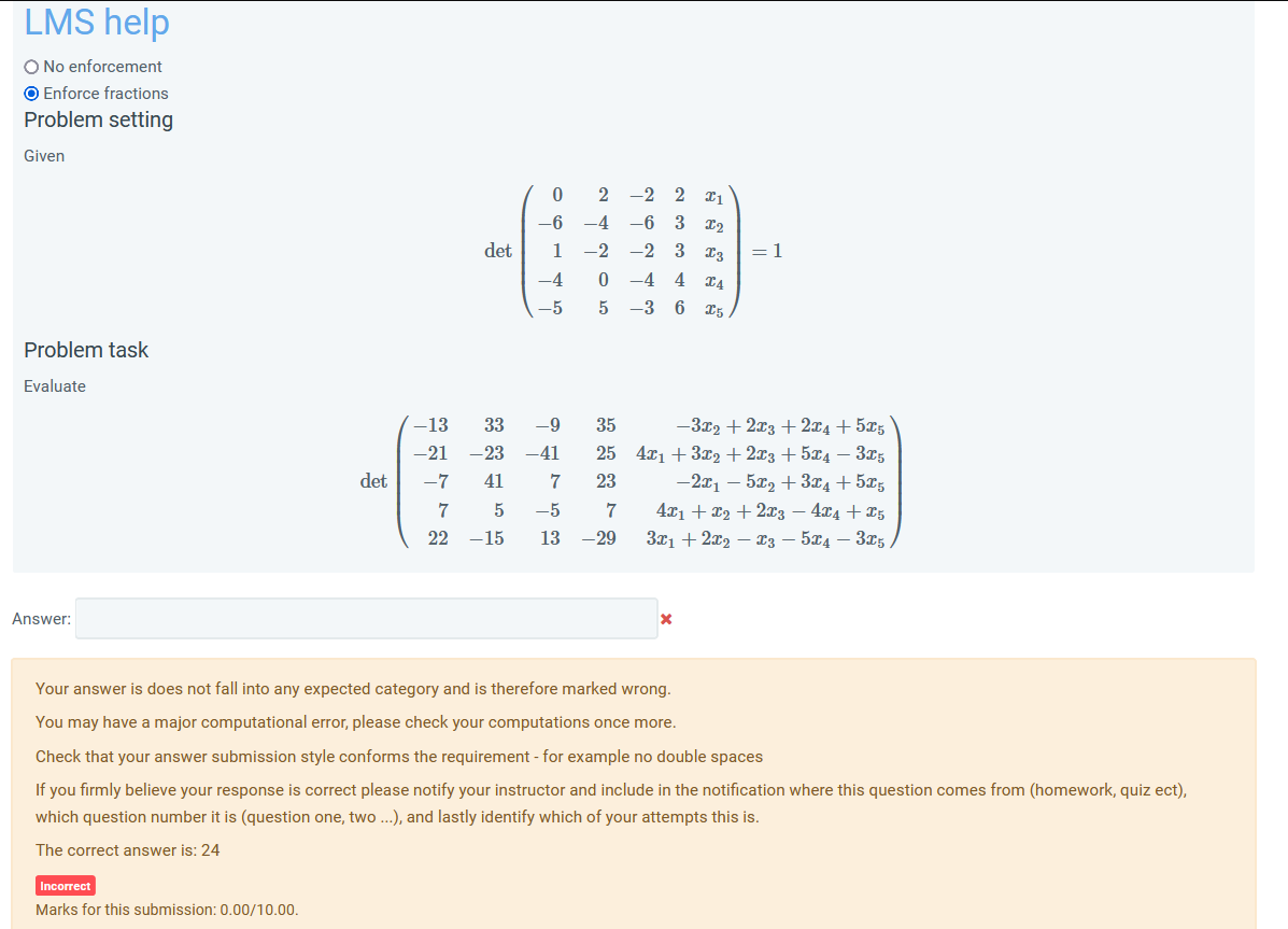 LMS help No enforcement Enforce fractions Problem | Chegg.com