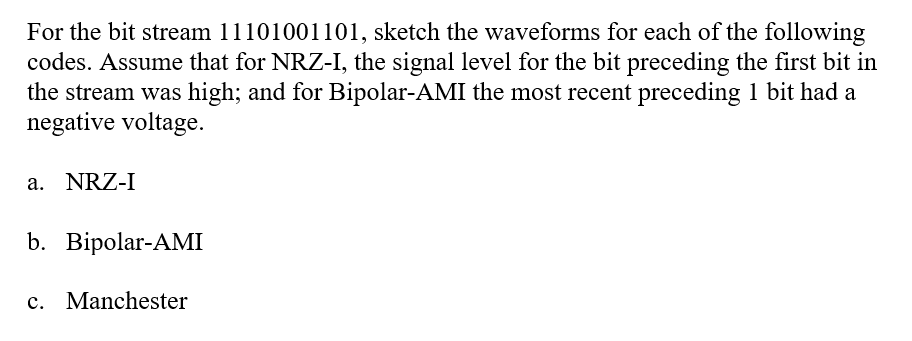 Solved For the bit stream 11101001101, sketch the waveforms | Chegg.com