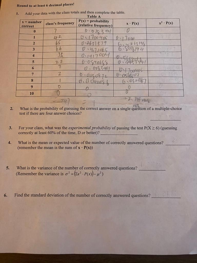 Solved 1. Add vour data with the class totals and then | Chegg.com