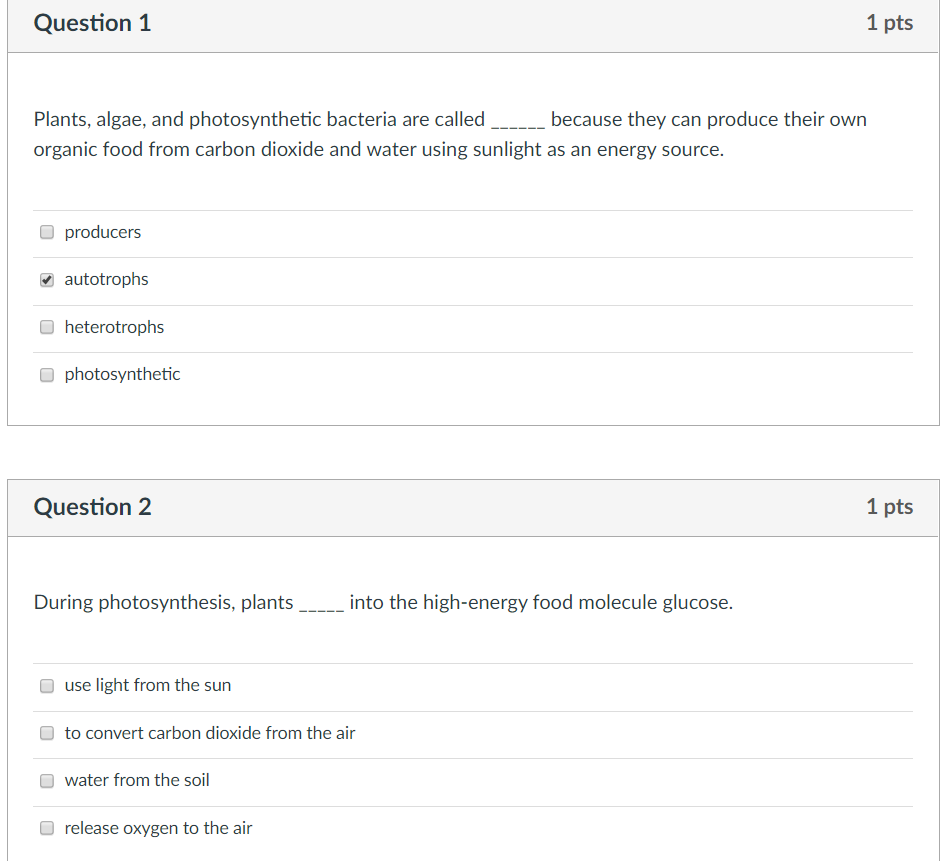 Solved Question 1 1 pts Plants, algae, and photosynthetic | Chegg.com