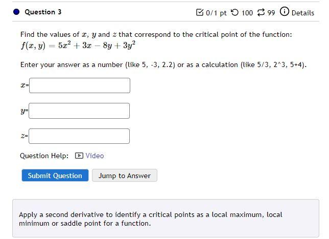 Solved f(x,y)=5x2+3x−8y+3y2 Enter your answer as a number | Chegg.com
