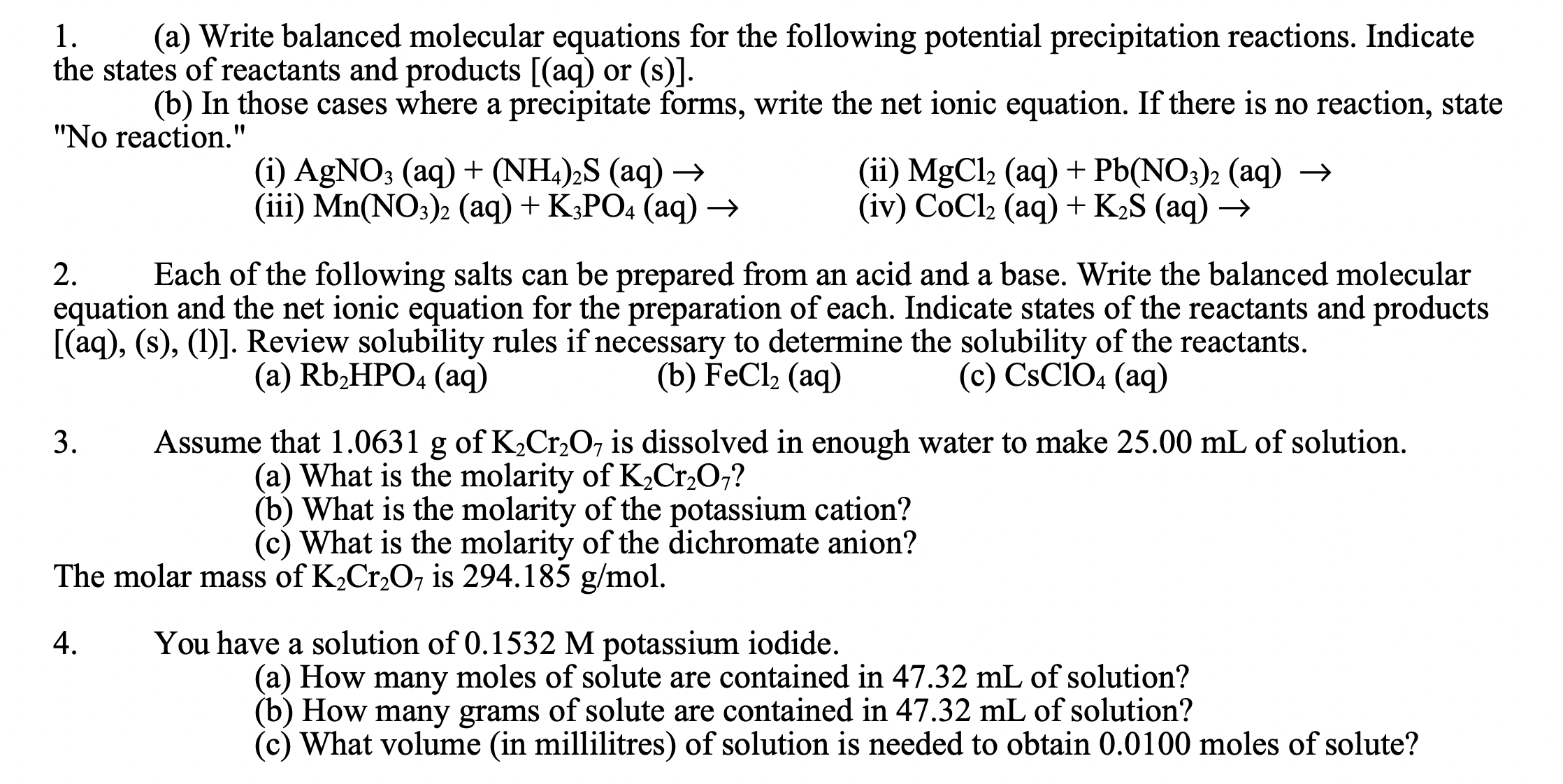 Solved 1. (a) Write balanced molecular equations for the | Chegg.com