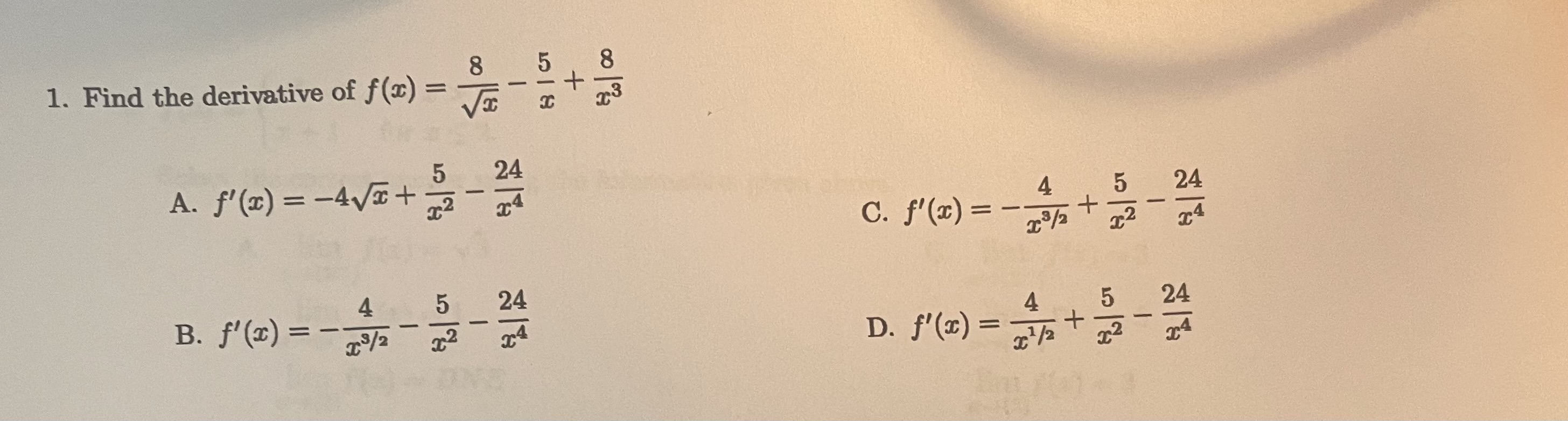 Solved derivative of f(x)=x8−x5+x38 f′(x)=−4x+x25−x424 C. | Chegg.com