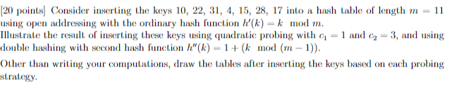 Solved [20 points) Consider inserting the keys 10, 22, 31, | Chegg.com