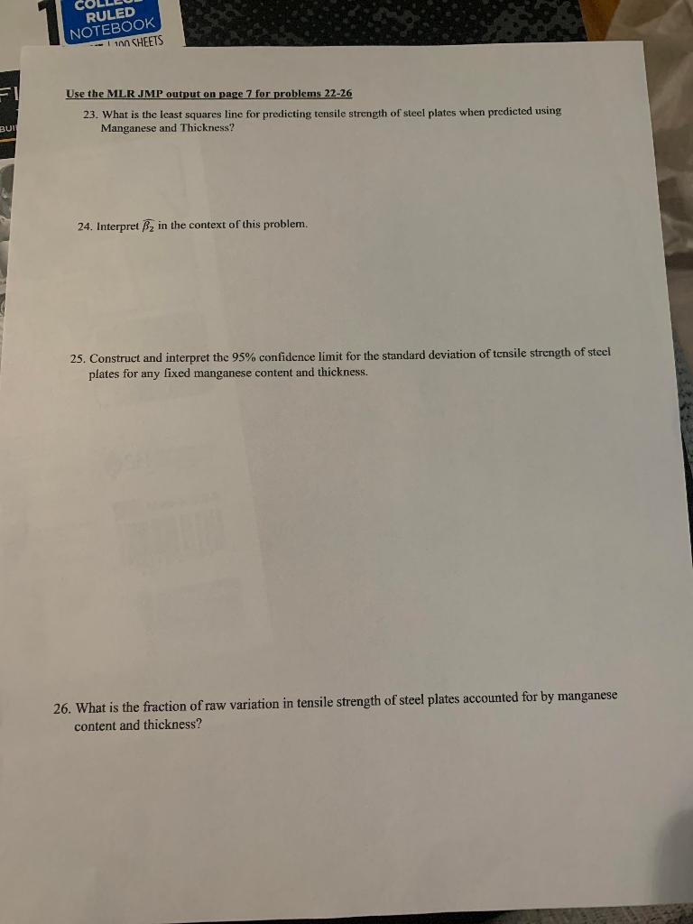 Solved RULED NOTEBOOK -110 SHEETS Use the MLR JMP output on | Chegg.com