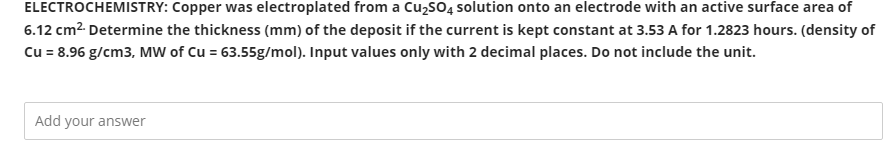 Solved ELECTROCHEMISTRY: Copper was electroplated from a | Chegg.com