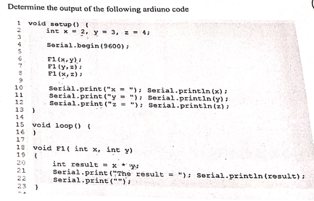 Solved ctermine the output of the following ardiuno code | Chegg.com