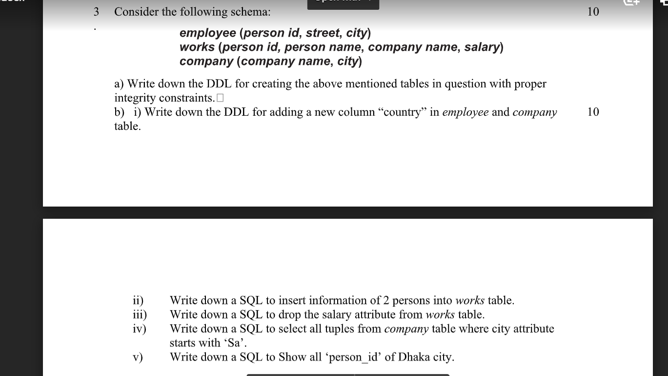 Solved + 3 10 Consider the following schema: employee | Chegg.com