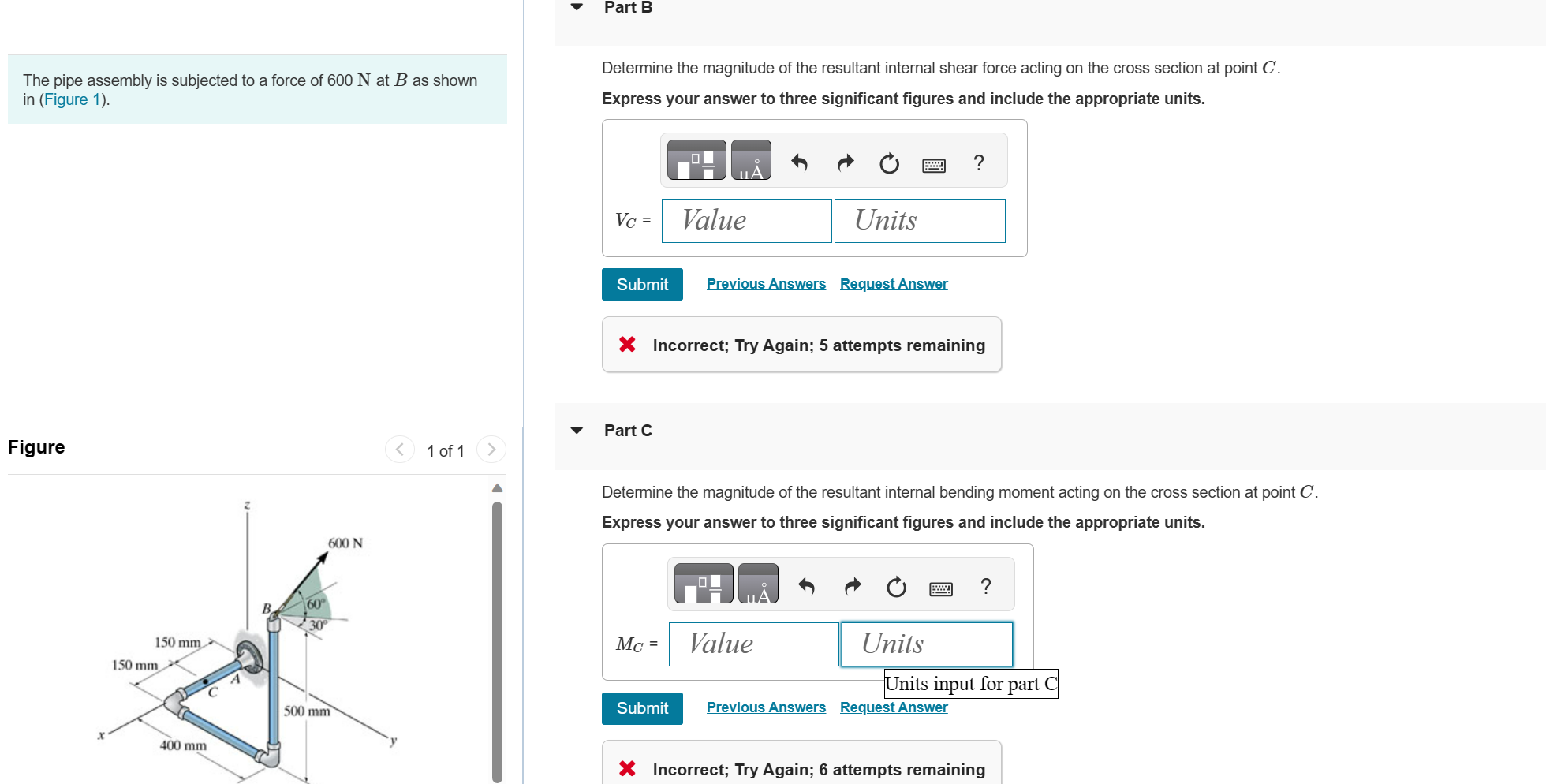 Solved The pipe assembly is subjected to a force of 600 N at | Chegg.com