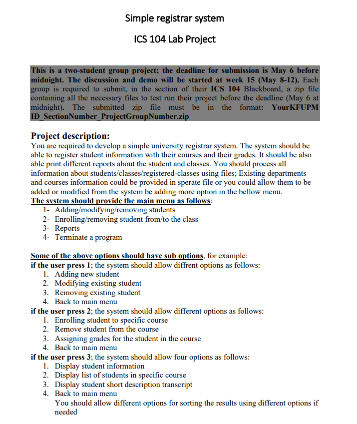 Solved Simple registrar system ICS 104 Lab Project This is a | Chegg.com
