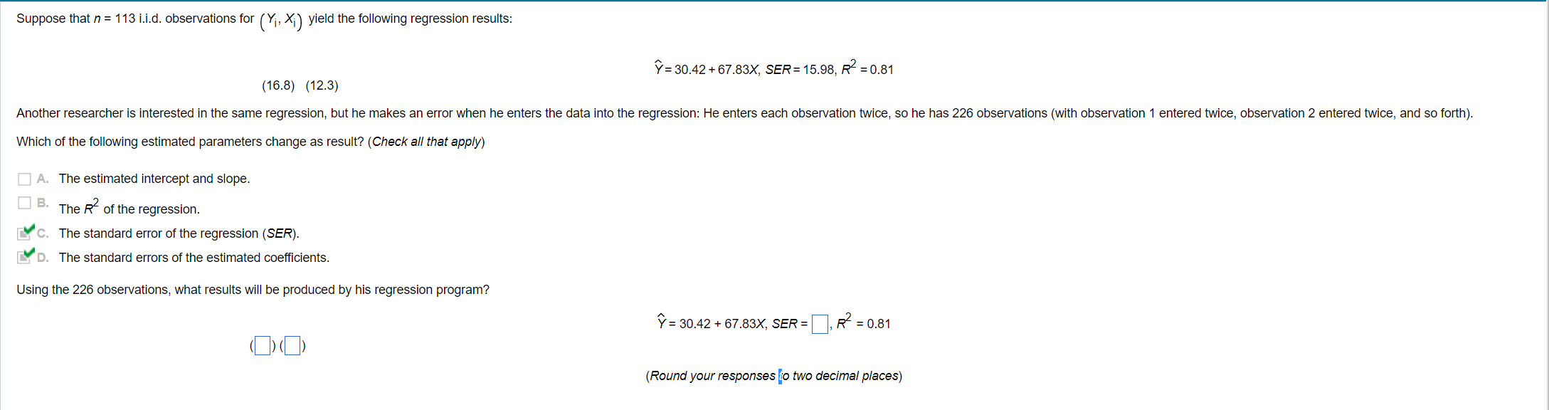 Solved Suppose that n = 113 i.i.d. observations for Yi, Xi | Chegg.com