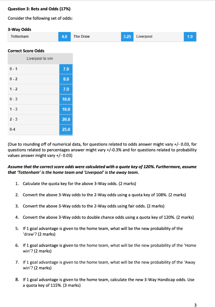 Question 3: Bets and Odds (17%) Consider the | Chegg.com