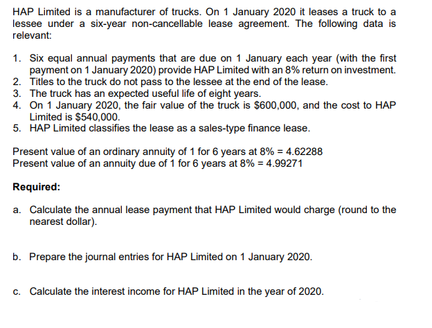 HAP Limited is a manufacturer of trucks. On 1 January | Chegg.com