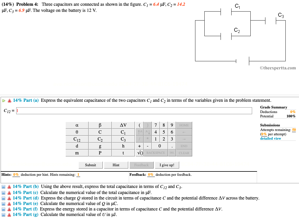 Solved (14%) Problem 4: Three capacitors are connected as | Chegg.com