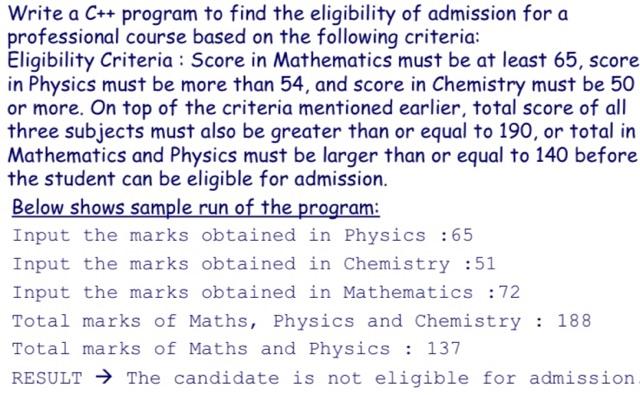 Solved Write a C++program to find the eligibility of | Chegg.com