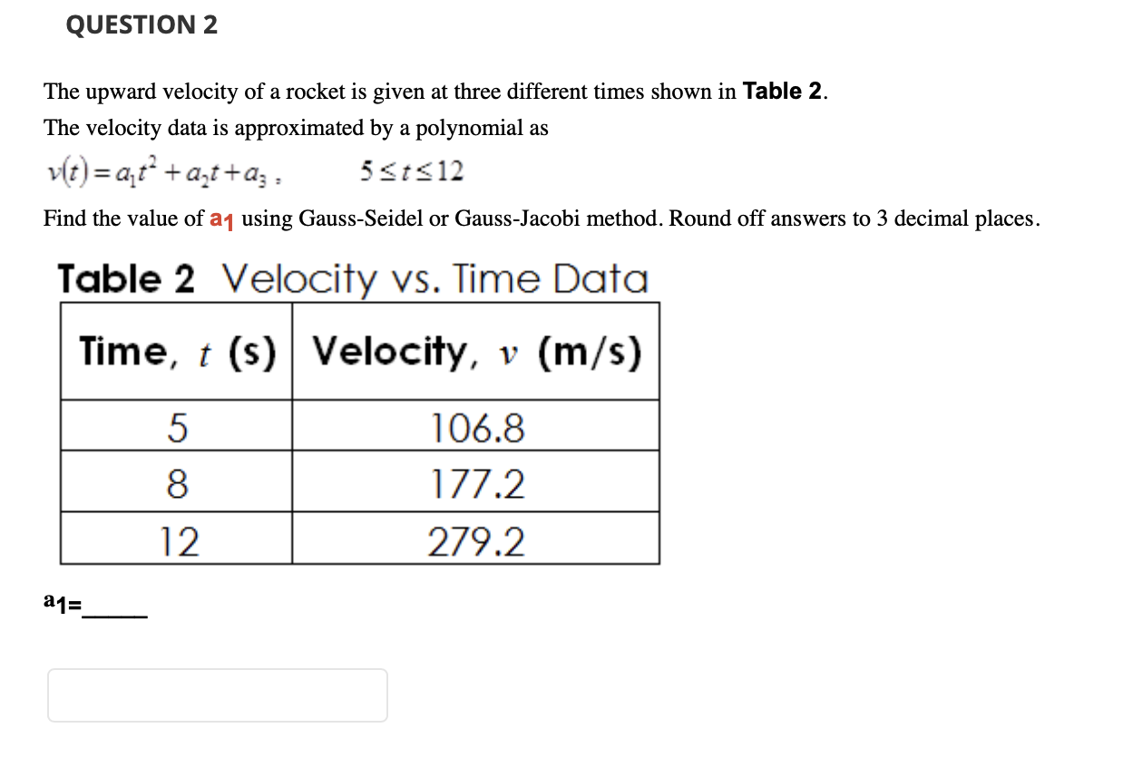 [Solved]: The upward velocity of a rocket is given at thre