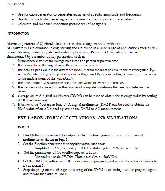 Solved OBJECTIVES Use function generator to generates ac | Chegg.com