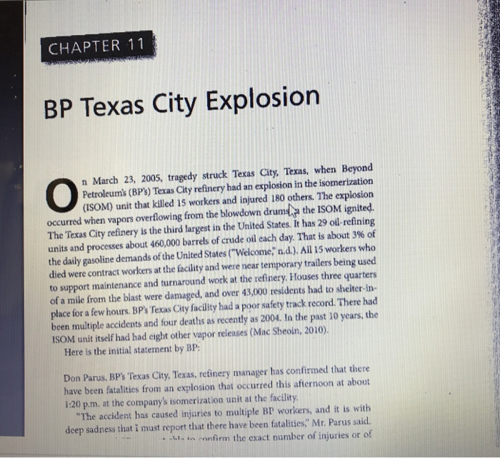 Solved CHAPTER 11 BP Texas City Explosion n March 23, 2005, | Chegg.com