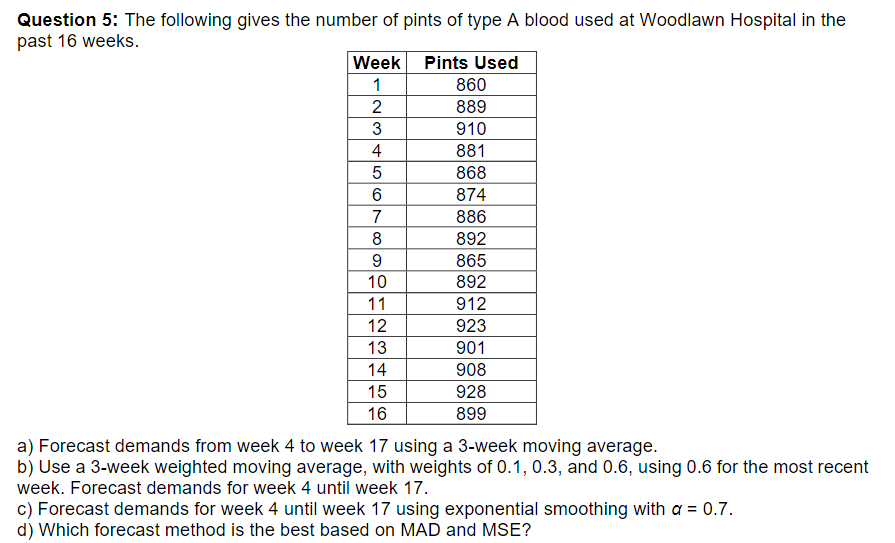 Solved Question 5: The following gives the number of pints | Chegg.com