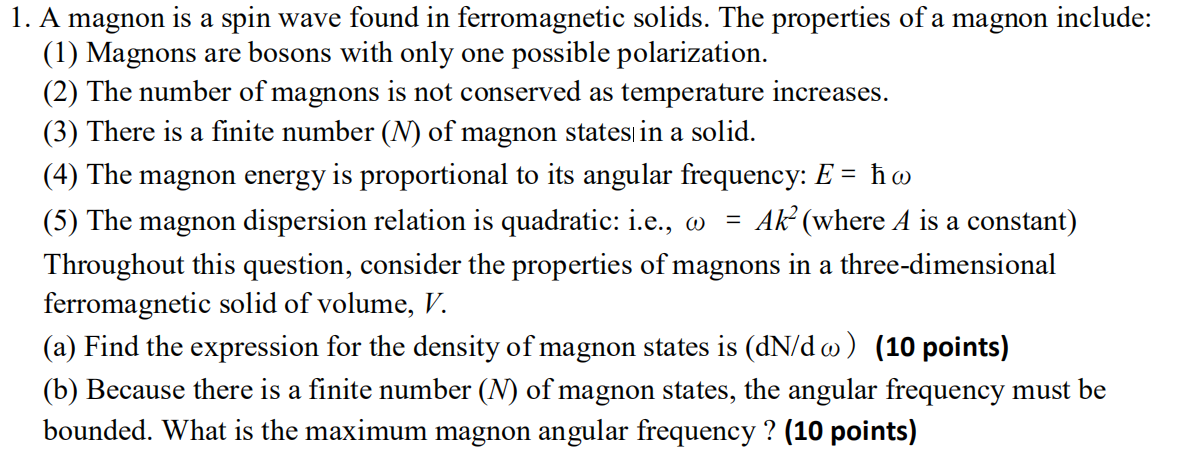 Solved 1. A magnon is a spin wave found in ferromagnetic | Chegg.com