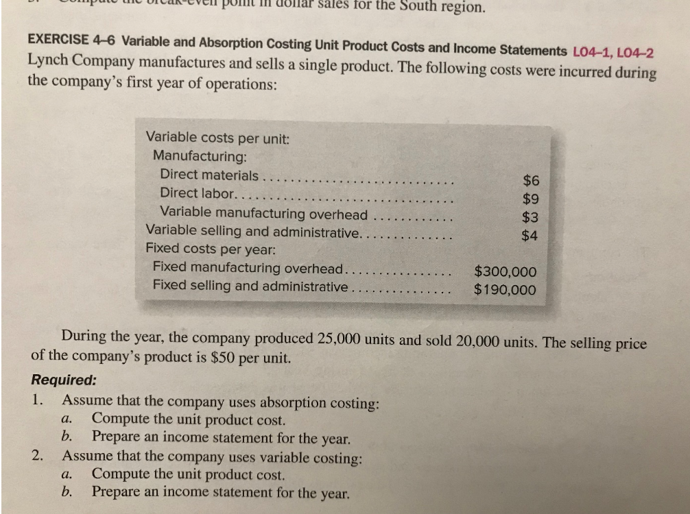 Solved EXERCISE 4-6 Variable and Absorption Costing Unit | Chegg.com