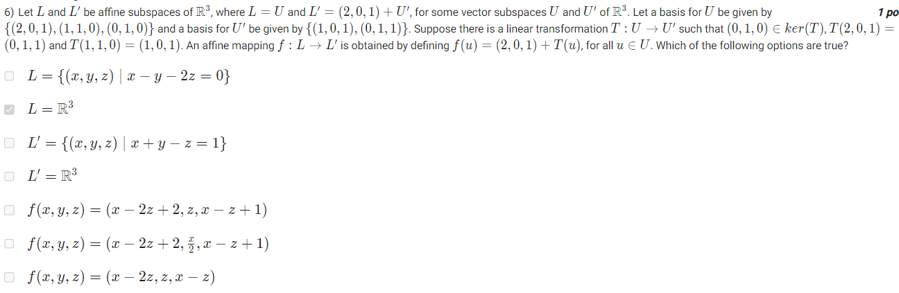 Solved 6) Let L and L′ be affine subspaces of R3, where L=U | Chegg.com