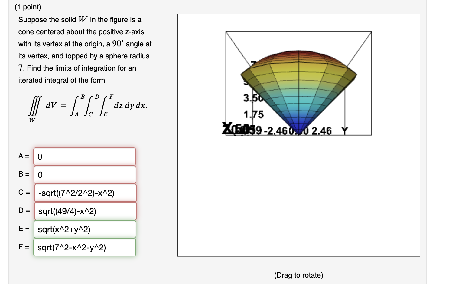 Solved (1 point) Suppose the solid W in the figure is a cone | Chegg.com