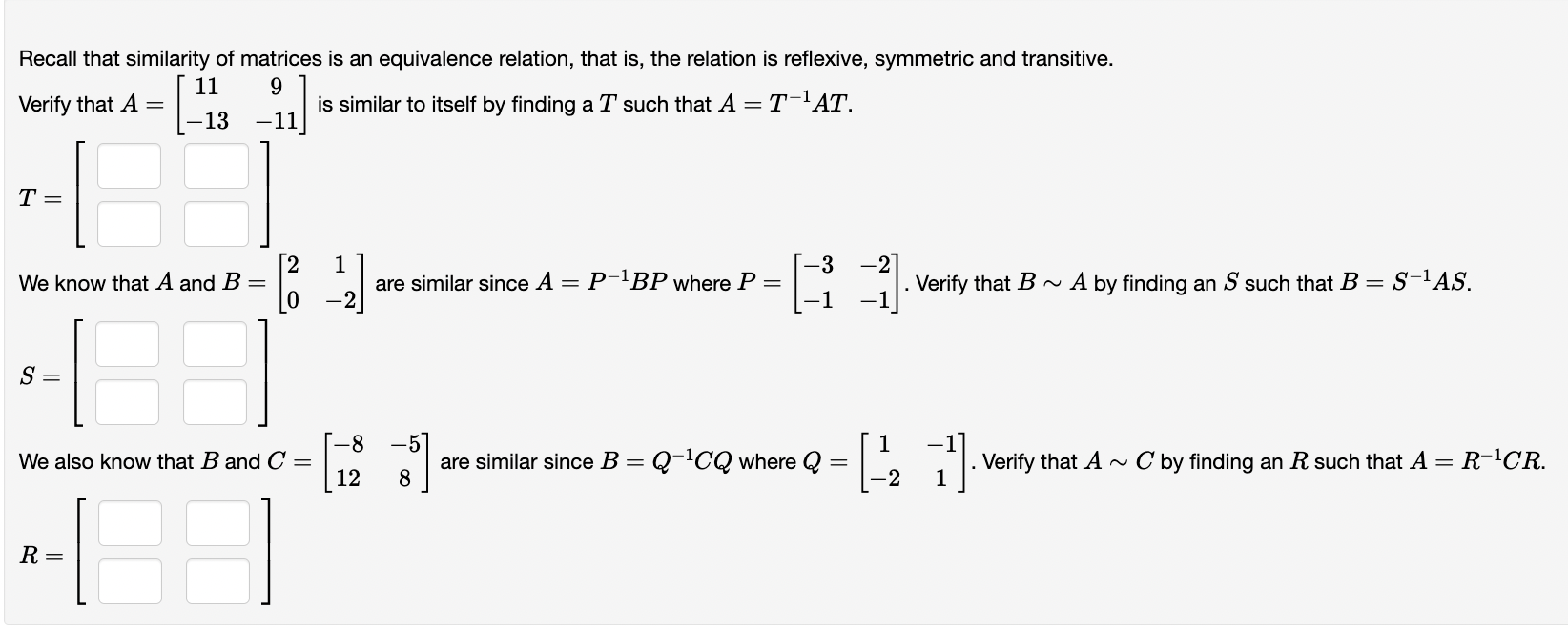 Solved Recall that similarity of matrices is an equivalence | Chegg.com