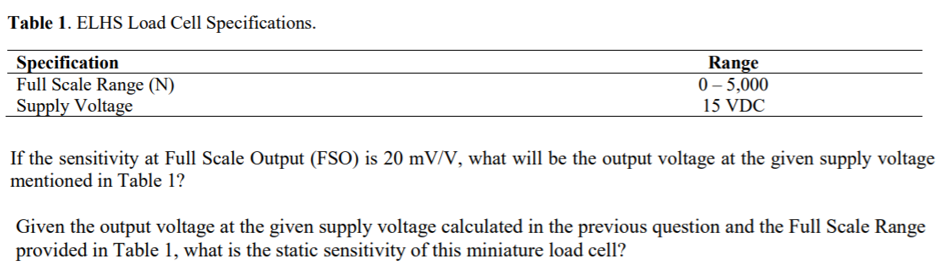 Solved Table 1. ELHS Load Cell Specifications. Specification | Chegg.com