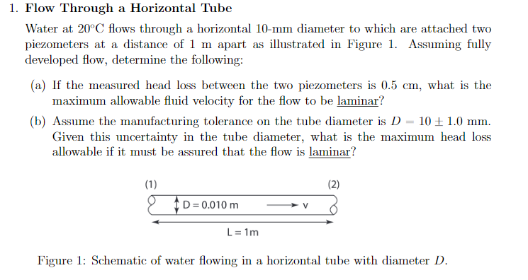 Solved 1. Flow Through a Horizontal Tube Water at 20°C flows | Chegg.com