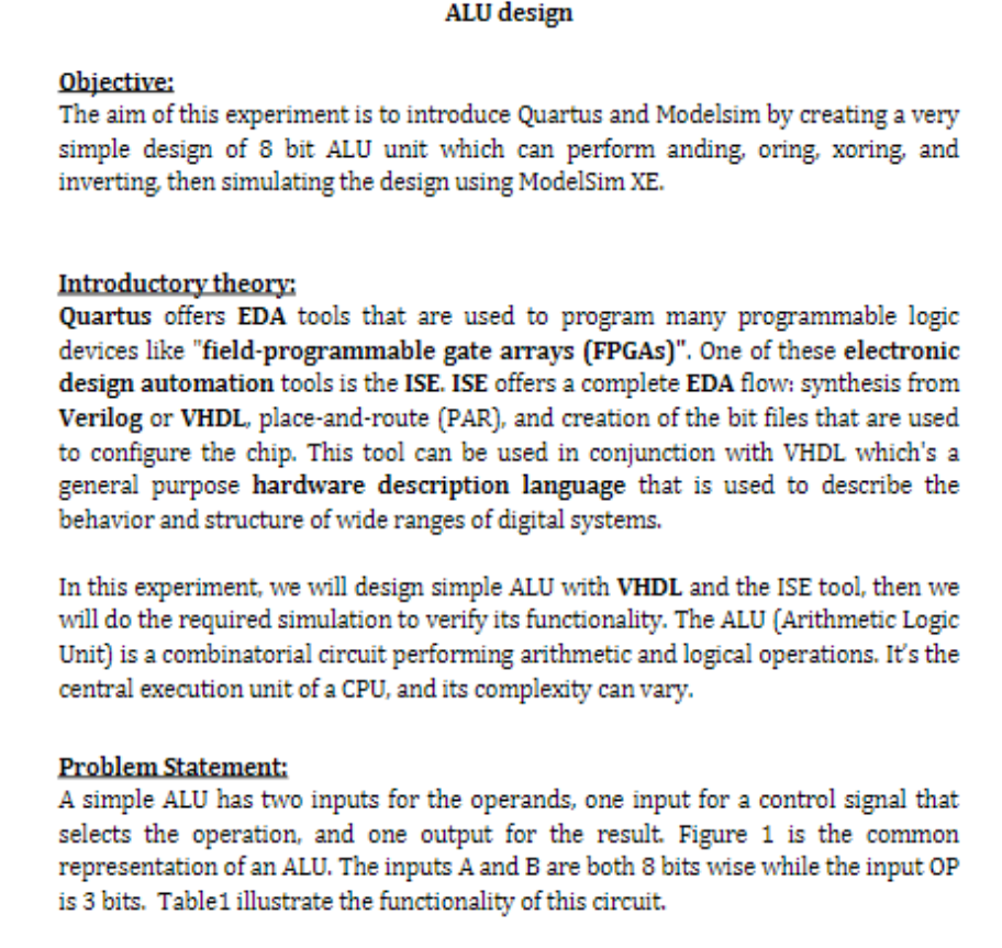 Solved Alu Design Objective The Aim Of This Experiment Is