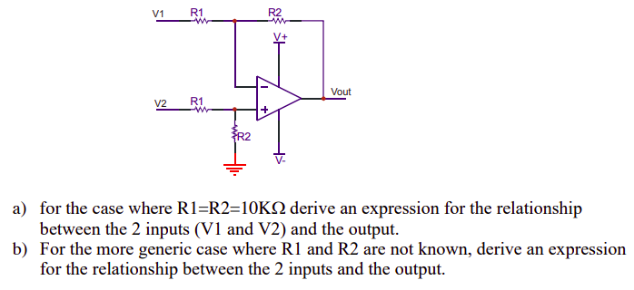 Solved V1 R1 w F烈 Vout V2 R1 R2 a) for the case where | Chegg.com
