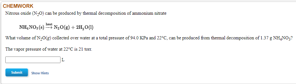 Solved CHEMWORK Nitrous oxide (N20) can be produced by | Chegg.com