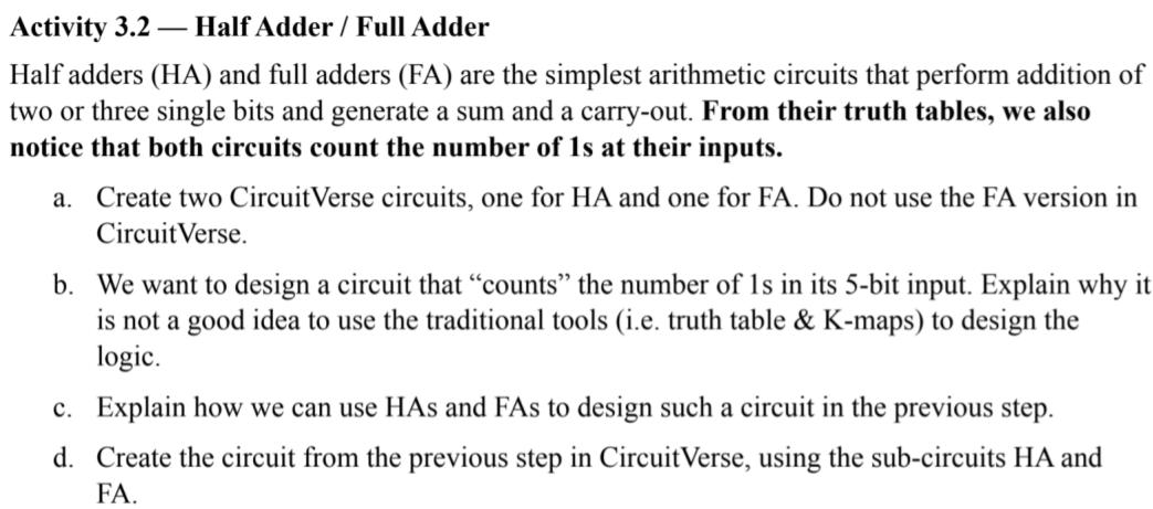 Solved Activity 3.2 — Half Adder / Full Adder Half adders | Chegg.com