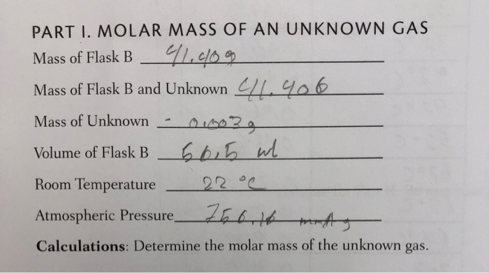 Solved PART I. MOLAR MASS OF AN UNKNOWN GAS Mass of Flask B | Chegg.com