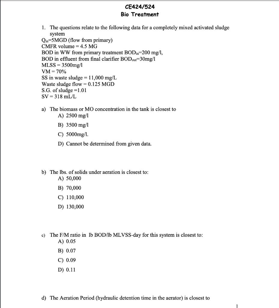 Solved CE424/524 Bio Treatment 1. The questions relate to | Chegg.com