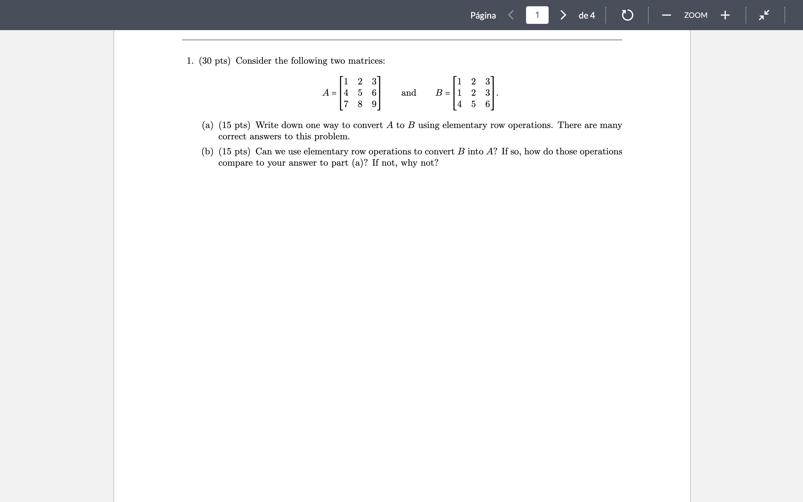 Solved 1. (30 pts) Consider the following two matrices: | Chegg.com