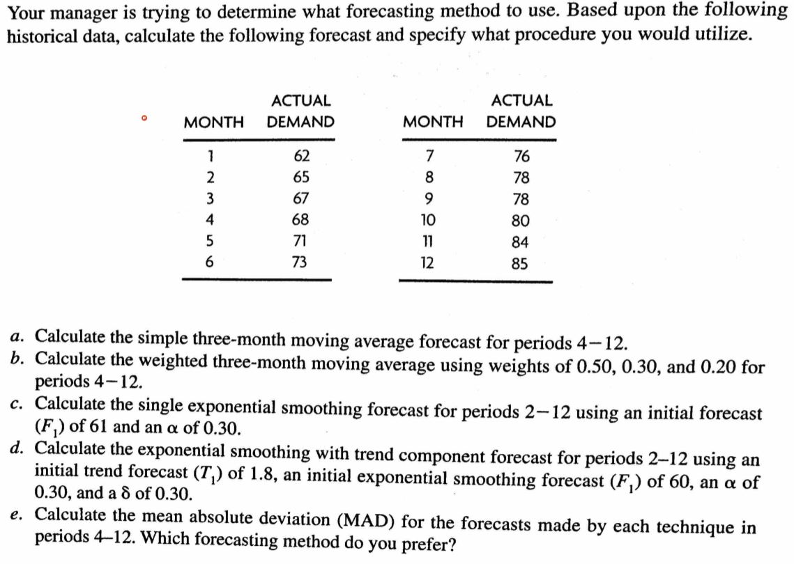 Solved Your manager is trying to determine what forecasting | Chegg.com