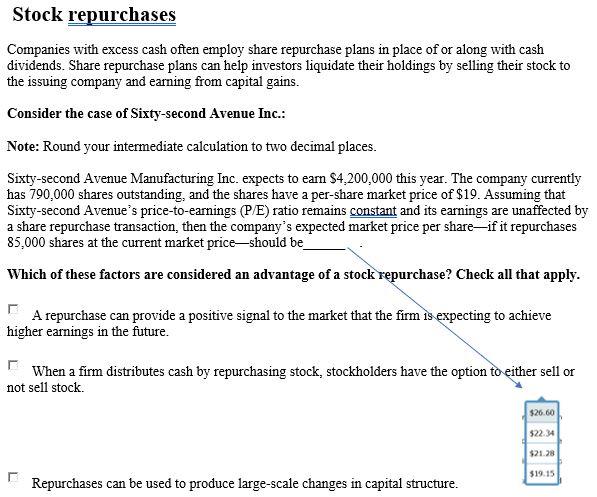 Solved Companies with excess cash often employ share | Chegg.com