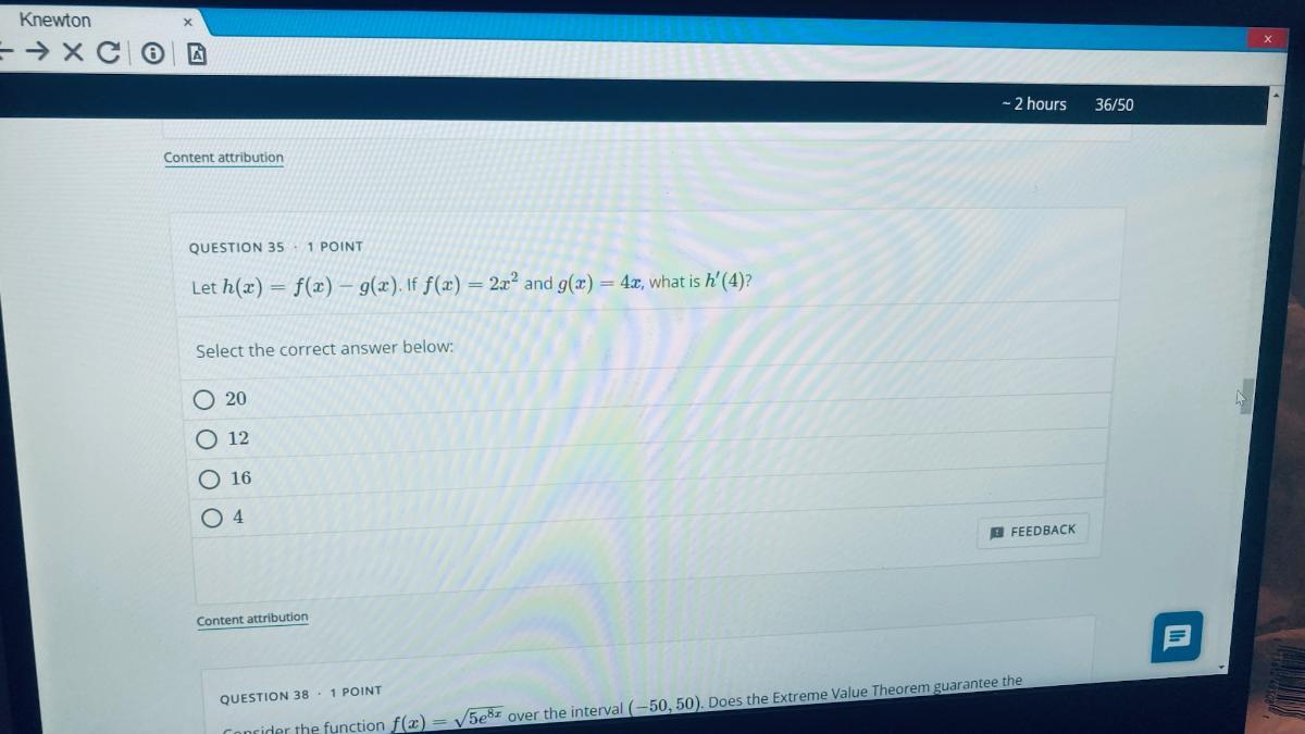 Solved QUESTION 35 : 1 POINT Let h(x)=f(x)−g(x). If f(x)=2x2 | Chegg.com
