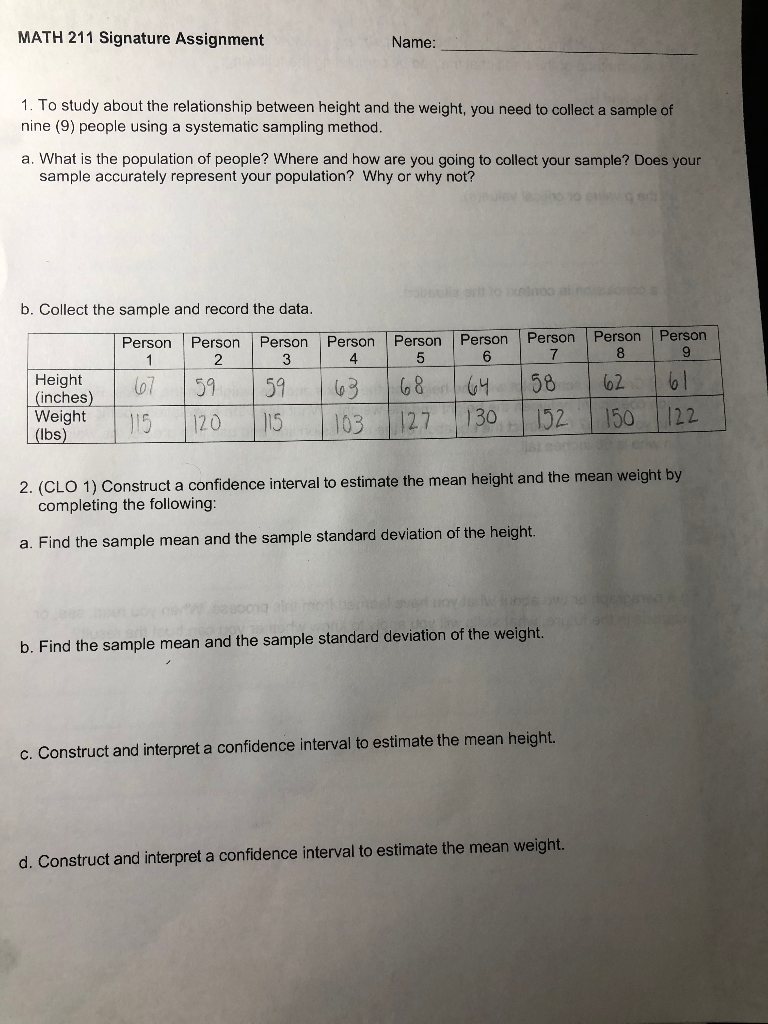 MATH 211 Signature Assignment Name: 1. To study about | Chegg.com